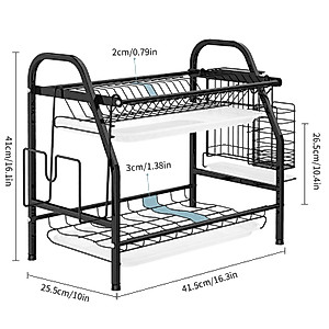 alvorog 2-Tier Dish Drying Rack with Utensil Holder and Cutting Board Holder, Stainless Steel Dish Rack with Removable Drain Boards Large Capacity Dish Drainer Kitchen Organizer for Countertop (Black)