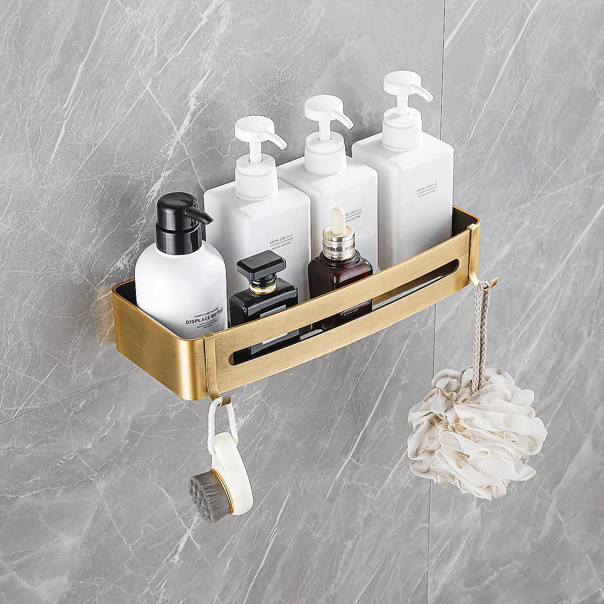 Bathroom Organizer Shelf Shower Caddy Shampoo Holder with Removable Hooks Rustproof Antique Brass Color