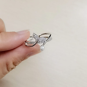 CZ Mermaid Silver Ring for Women Girls Adjustable Expandable Layered Dophin Fish Tail Shell Pearl Open Wrap Finger Rings Comfort Fit Dainty Birthday Wedding Anniverary Jewelry Gift Daughter Sister (Silver)