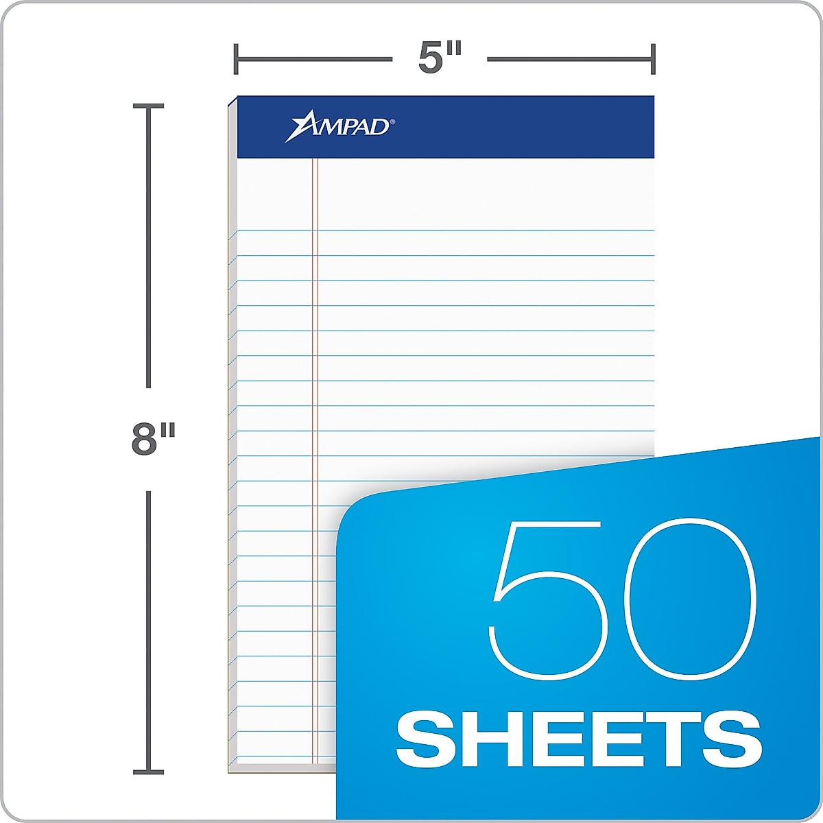 Ampad Jr. Notepad, College/Medium Ruled, 50 Sheets, White, 5" x 8", 12 per Pack (20-364)