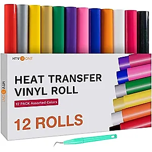 HTVRONT HTV Heat Transfer Vinyl Bundle (12 Pack) - 12 Inch by 5 Feet HTV Vinyl Rolls, Easy to Cut Iron on Vinyl for Cricut & Cameo, Easy to Weed Heat Transfer Vinyl