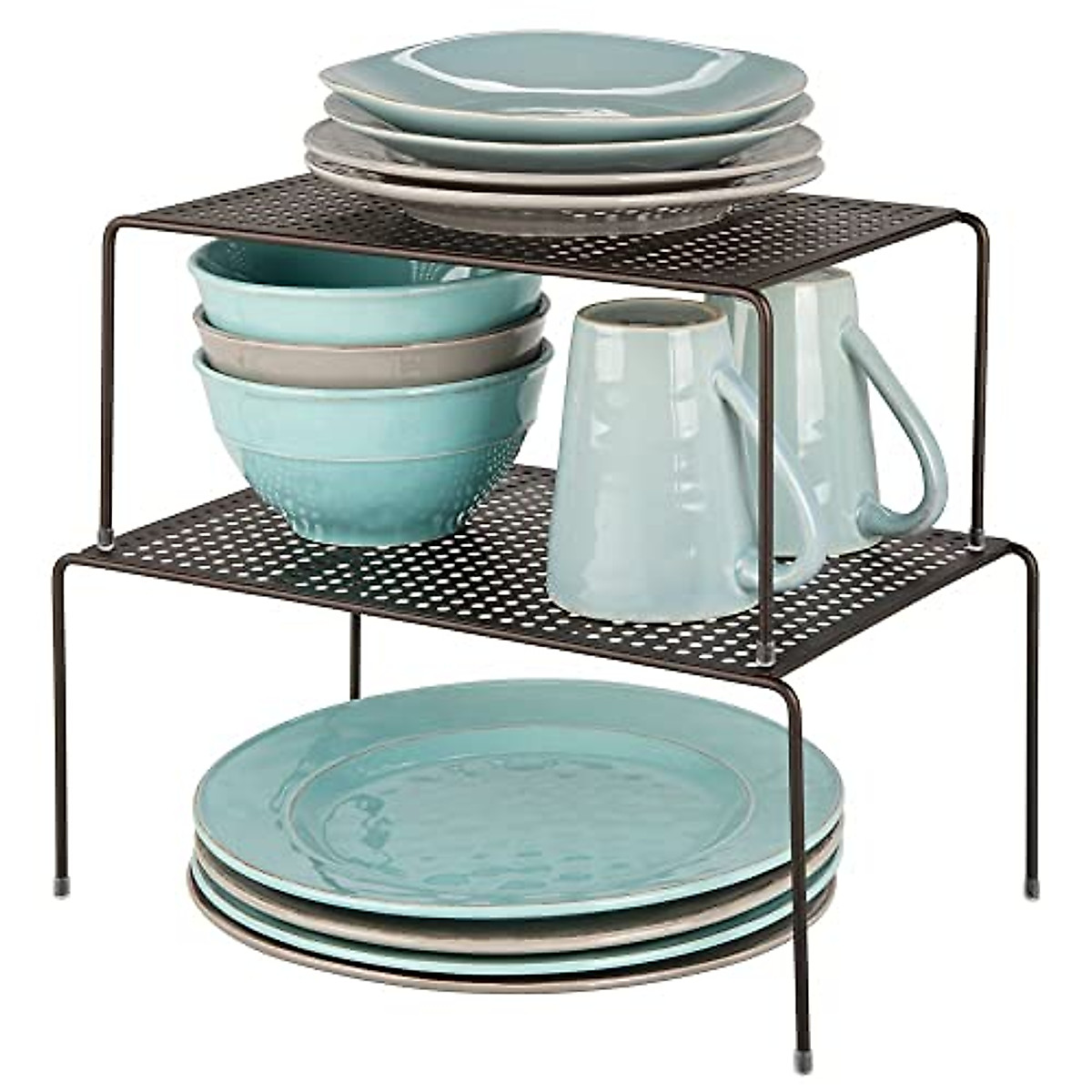 mDesign Adjustable Metal Kitchen Cabinet, Pantry, Countertop Organizer Storage Shelves: Expandable - 2 Piece Set - Durable Steel, Non-Skid Feet - Bronze