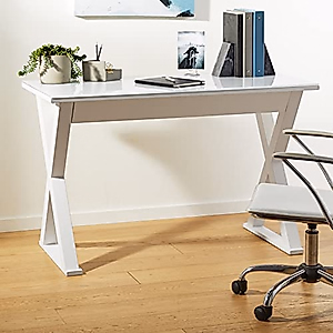 Walker Edison Lawrence Urban Industrial X Leg Glass Top Computer Desk, 48 Inch, White