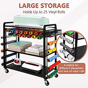 GADFISH Rolling Craft Cart and Storage Table Compatible with Cricut - Mobile Craft Rolling Storage Organizer, Crafting Table Workstation with 25 Vinyl Roll Holders for Home Craft Room