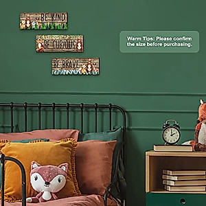 3 Pcs Woodland Nursery Decor Safari Nursery Woodland Animals Themed Painting Wooden Be Kind Brave Curious Sign Framed Wall Art Forest Nursery Decor Inspirational Pictures for Baby Bedroom, 11 x 4 Inch
