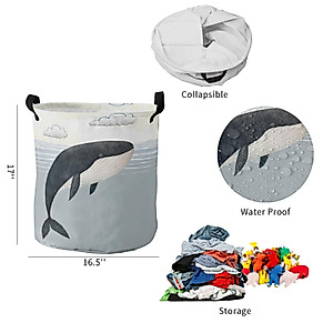 Whale Large Laundry Basket, Waterproof Laundry Hamper for Baby Clothes, Blue Sea Underwater Clouds Sky Cartoon Draw Foldable Laundry Baskets with Handles, 16.5''x17''