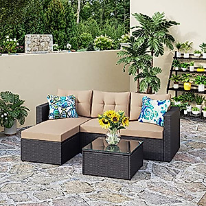 PHI VILLA 77" Wide Outdoor Rattan Sectional Sofa with Cushions - Small Patio Wicker Furniture Set (3 - Person Seating Group, Beige) Tabletop Fire Pit Included