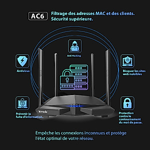 Tenda AC1200 Dual Band WiFi Router, High Speed Wireless Internet Router with Smart App, MU-MIMO for Home (AC6),Black