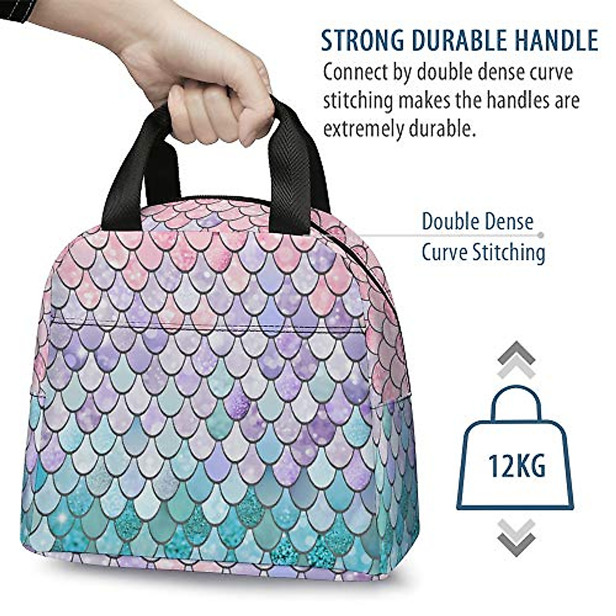 Lunch Bag, Cute Kids Reusable Cooler Lunch Tote Bag Insulated Leakproof Lunch Box Container with Front Pocket for Girls Boys School Work Picnic (Pink Meraid Scale)