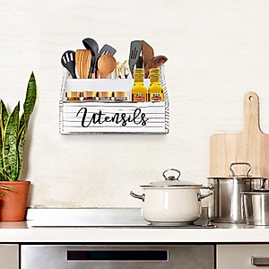 Cooking Utensil Organizer Kitchen Utensil Holder for Countertop, Wood Kitchen Tools Silverware Holder Condiment Organizer, Flatware Utensil Caddy With 3 Large Compartments, White Kitchen Accessories