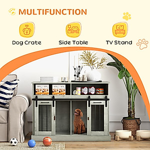 PawHut Dog Crate Furniture for Large Dogs or Double Dog Kennel for Small Dogs with Shelves, Sliding Doors, 47" x 23.5" x 35", Gray