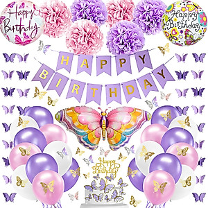 Iysoll Butterfly Birthday Party Decorations Supplies pink and purple butterfly decorations for girls Happy Birthday Banner Paper Pom Poms Foil Balloons 3D Butterfly Wall Decor Butterfly Garland