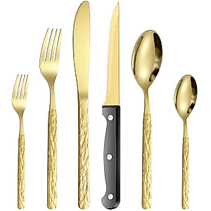 Premium 24-Piece Stainless Steel Cutlery Set with Steak Knives - Golden Silverware Set for Elegant Dining Experience