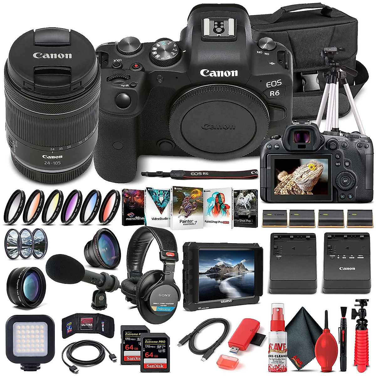 Canon EOS R6 Mirrorless Digital Camera with 24-105mm f/4-7.1 Lens (4082C022) + 4K Monitor + Pro Headphones + Pro Mic + 2 x 64GB Memory Card + Case + Corel Photo Software + Pro Tripod + More (Renewed)