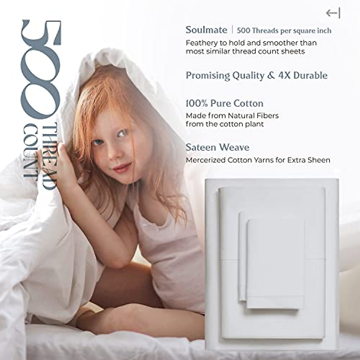 Mayfair Linen 100% Cotton Bed Sheets Queen Sheet Set - 500 Thread Count Sheets Queen Size 4 PC Set (Silver), Soft, Cooling, Hotel-Quality 16" Deep Pocket Sateen Cotton Bedsheet for Hot Sleepers