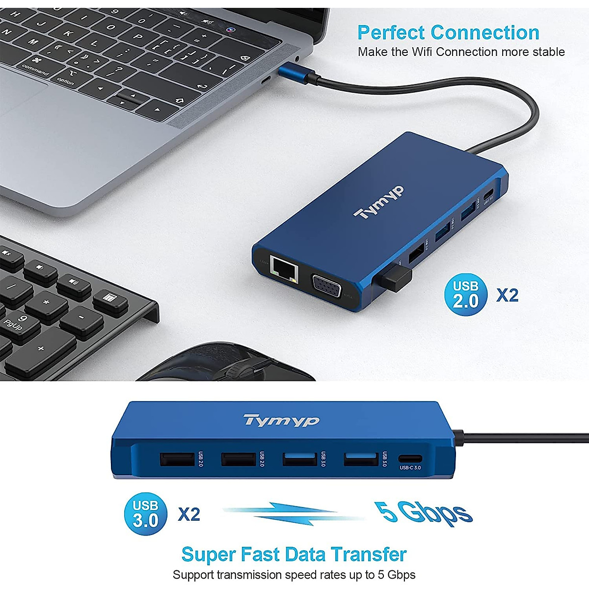 USB C Docking Station, Tymyp 12 in 1 Triple Display USB C Hub Adapter with Dual 4K HDMI & VGA, 2 x USB 3.0 & 2.0, USB-C 3.0, Gigabit Ethernet LAN, Type C PD, SD/TF Card Reader