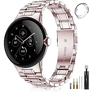 San Jeirie Stainless Steel Bands Compatible for Google Pixel Watch Band,Solid Metal Replacement Wristband Strap for Men Women(Rose Gold)
