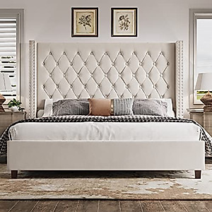 PaPaJet King Platform Bed Frame 61.4" Handmade Headboard Velvet Tall Upholstered Bed Deep Button Tufted/No Box Spring Required/Wood Slat Support/Easy Assembly/Cream