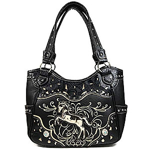 Zelris Western Rearing Horse Embroidered PU Leather Concealed Carry Women Tote Purse with Matching Wallet Set (Black)