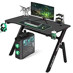 Gaming Desk Computer Desk 45.2"x 23.4" Home Office Desk Extra Large Modern Ergonomic Black PC Carbon Fiber Table Gamer Workstation with Cup Holder Headphone Hook