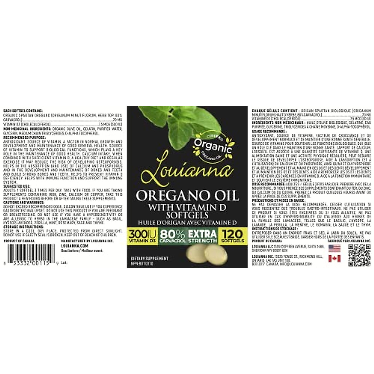 Louianna - Organic Wild Oregano Oil with Vitamin D, Liquid Softgel Capsules with 80 Percent Carvacrol, Supports Your Bones, Immune and Gut Health, Herbal Supplements, 120 Softgels