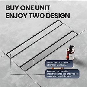 LISEEGO Linear Shower Drain 60 Inch, Shower Drain with 2-in-1 Tile Insert Panel, Brushed AISI 304 Stainless Steel Linear Drain for Fast Drainage, Floor Drain for Bathroom, Kitchen, Garage & More