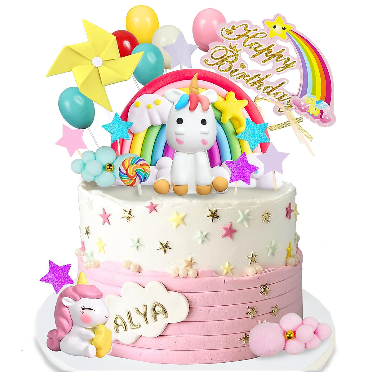 24 PCS Unicorn Cake Topper, Unicorn Rainbow Cake Decorations with Rainbow Stars Unicorn Ballons Happy Birthday Cake Decorations for Boys Girls Kids Birthday (Style 3)