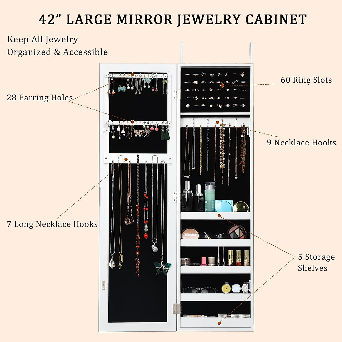 TOMENGBEIAABBCC SPPRANDOM HOMGX Mirrored Wall-Mounted Jewelry Cabinet, Lockable Door Mounted Jewelry Armoires, Full Length Dressing Mirror Jewelry Organizer with 5 Storage Shelves, White