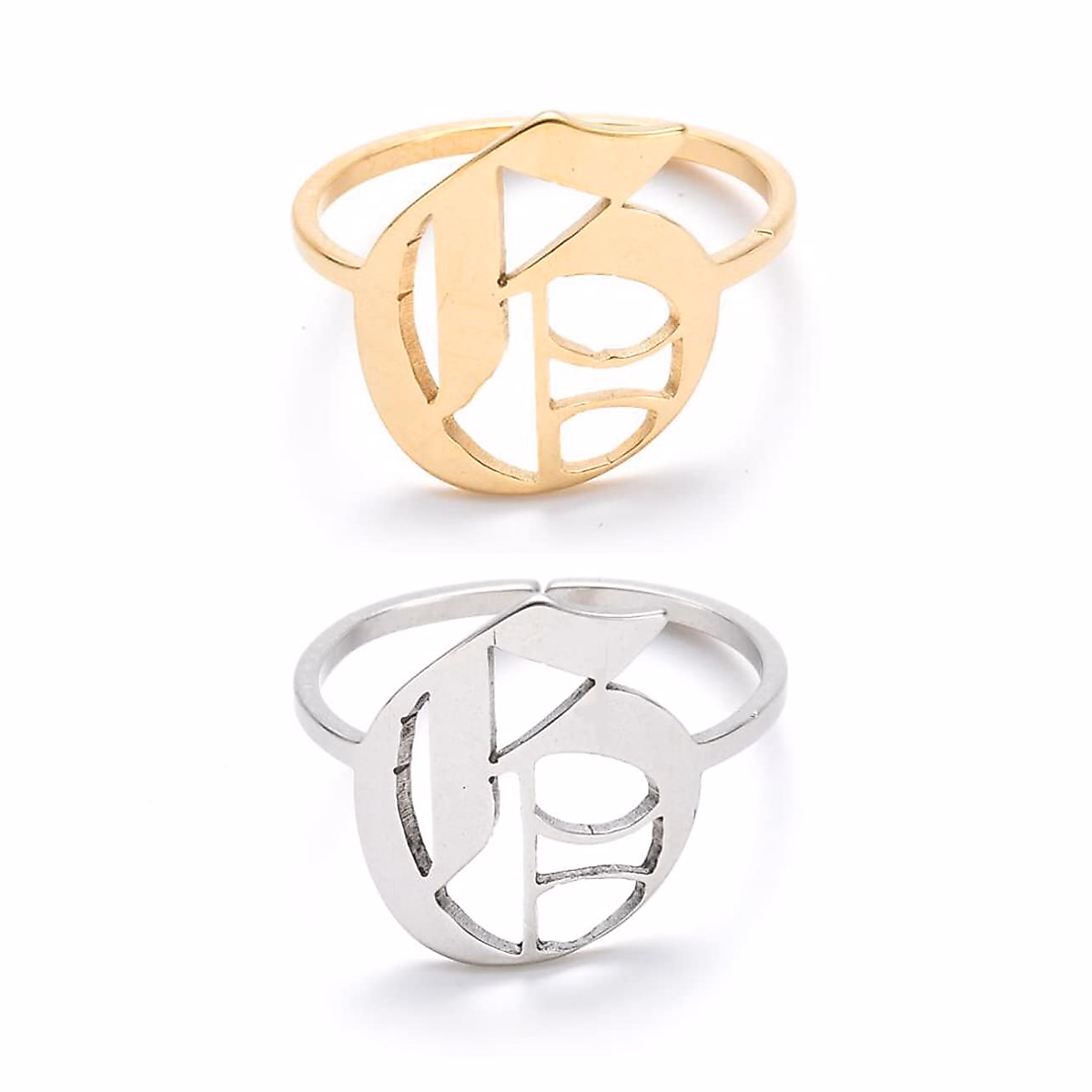 2 Pcs Letter Rings for Women Personalized Old English Name Rings Initial Rings 18K Gold Plated Adjustable Ring (gold silver G(2Pcs))