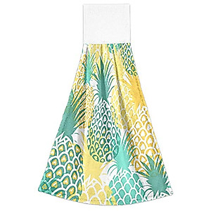 Summer Pineapple Kitchen Hanging Towel Tropical Fruits Leaves Hand Tie Towels Set 2 Pcs Tea Bar Dish Cloths Dry Towel Soft Absorbent Durable for Bathroom Laundry Room Decor