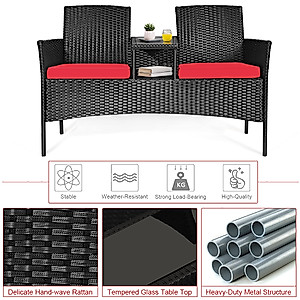 COOURIGHT Outdoor Loveseat, 2 Seats Chair with Table, Cushions, Tempered Glass Tabletop, Wicker Patio Conversation Furniture Set, Modern Rattan Sofa for Garden Lawn Backyard (Red)