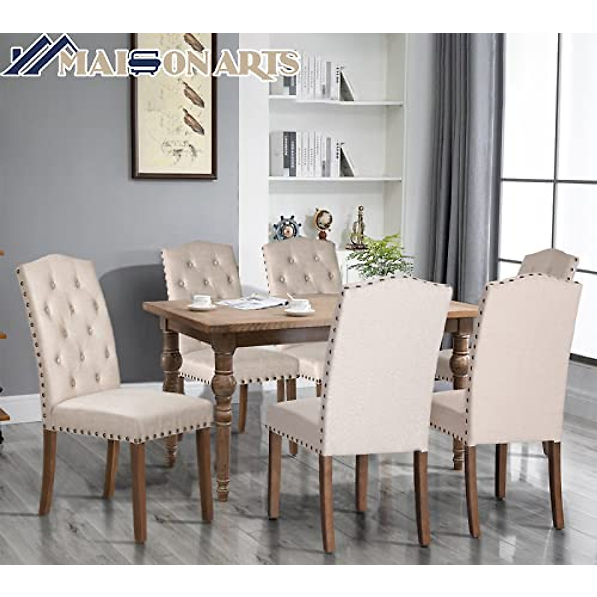 MAISON ARTS Upholstered Parsons Dining Chairs Set of 6, Linen Fabric Dining Room Chairs with Nailhead Trim and Solid Wood Legs Dining Room Kitchen Side Chairs (Beige)
