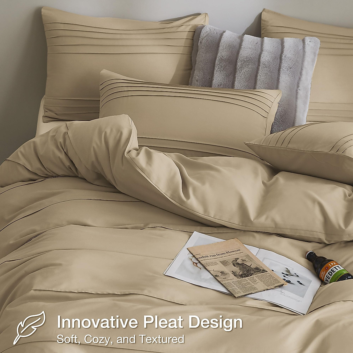 JELLYMONI Queen Size Khaki Duvet Cover Set - 3PCS Microfiber Bedding Set, Stylish Pleated Design, 8 Corner Ties & Zipper Closure, Ultra Soft and Comfortable