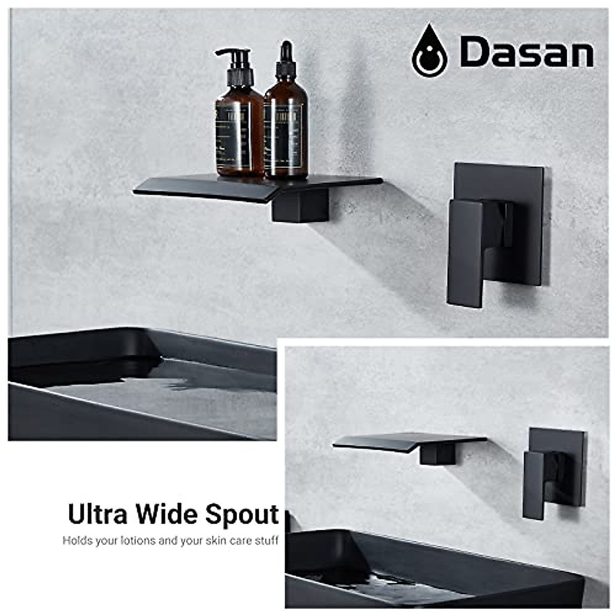 DASAN Wall Mount Waterfall Bathroom Faucet Matte Black in Wall Sink Faucet, Single Handle Wall Mounted Modern Faucet for Bathroom with Upgraded Rough in Valve