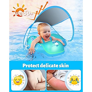 LAYCOL Baby Swimming Float Inflatable Baby Pool Float Ring Newest with Sun Protection Canopy,add Tail no flip Over for Age of 3-36 Months (Blue, L)