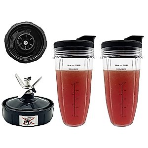 Blender 24 oz Cups with Lids & 6 Fins Female Blade Replacement Parts for Ninja, Extractor Blade for Nutri Ninja Auto iQ BL480D 30 DOB, BL450 69, BL456 70, BL480 70, BL455 30 DOB, BL482 30 DOB