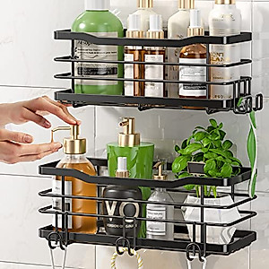 Adhesive Shower Caddy Bathroom Organizer, High Guardrail Shower Shelf for Inside Shower with 5 Hooks, No Drilling Shower Organizer Rustproof Stainless Steel Wall Mounted Shower Shelve - 2 Pack