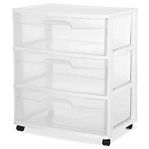Sterilite Wide 3 Drawer Rolling Storage Cart Container with Casters For Bedroom, Dorm. and Kitchen, Clear Drawers and White Frame, (2 Pack)