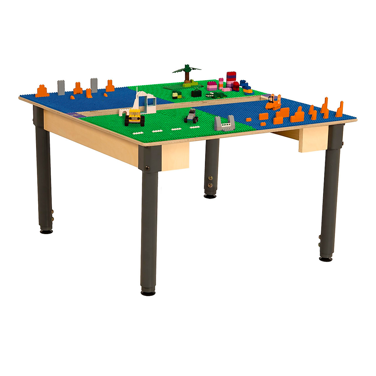 Wood Designs Time-2-Play Kids Birch Plywood Square Lego Compatible Play Table Large 35” x 31” Surface with 18”-29” Adjustable Legs, Montessori Building Blocks Desk with Trough [Blue and Green]