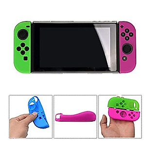 6 in 1 Thumb Grips Joystick Cap Cover Soft Silicone Protective Skin Case for Nintendo Switch Joy-Con Controller (Green-Pink)