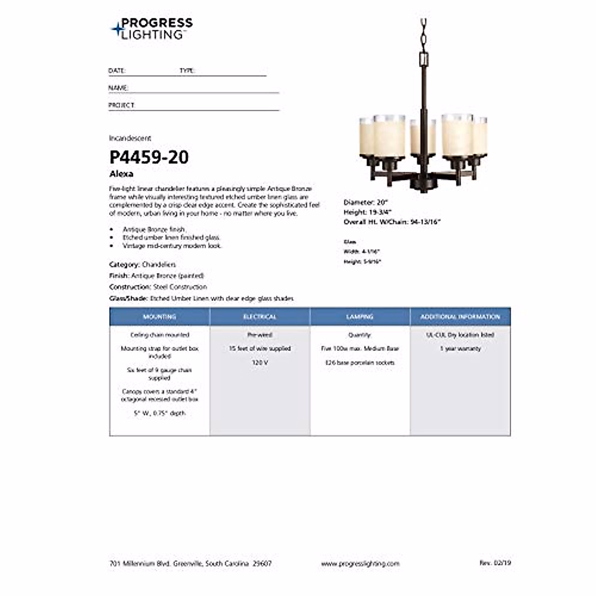 Alexa Collection 5-Light Etched Umber Linen with Clear Edge Glass Modern Chandelier Light Antique Bronze