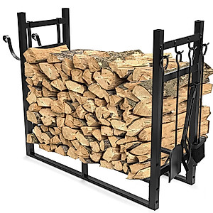 HECASA 33 Inch Firewood Rack w/Kindling Holder Include Shovel Poker Tongs Brush Heavy Duty Steel Indoor Outdoor Fireplace Log Rack