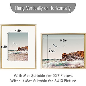 Frametory, 8x10 Aluminum Photo Frame for 5x7 Pictures with Mat or 8x10 without, Real Glass, Wall or Tabletop Metal Picture Frame Collection (Gold, 1 Pack)