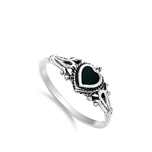 Vintage Heart Simulated Black Onyx Polished Ring New .925 Sterling Silver Band Size 5