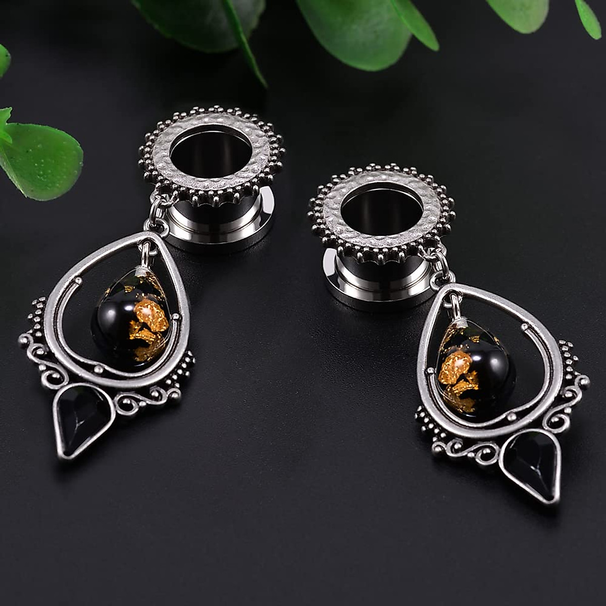 TBOSEN Stainless Steel Teardrop Black Obsidian Stone Large Dangle Bridal Plug Ear Gauges Stretching Tapers Screw Fit Tunnels (Gauge:00g(10mm))