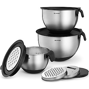 Belwares Mixing Bowls with Lids Set - Nesting Bowls with Graters, Handle, Pour Spout, Airtight Lids - Stainless Steel Non-Slip Mixing Bowl for Cooking, Baking, Prepping, Food Storage (Set of 3)