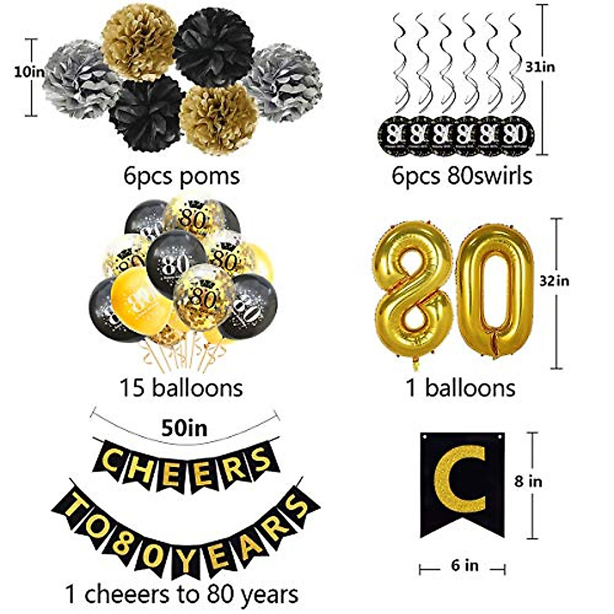 Trgowaul 80th Birthday Party Decorations Kit- Gold Glittery Cheers to 80 Years Banner, Pom Poms, 6Pcs Sparkling 80 Hanging Swirl, 1 Gold Number Balloon, 15 Confetti Balloons for 80 Birthday Decoration
