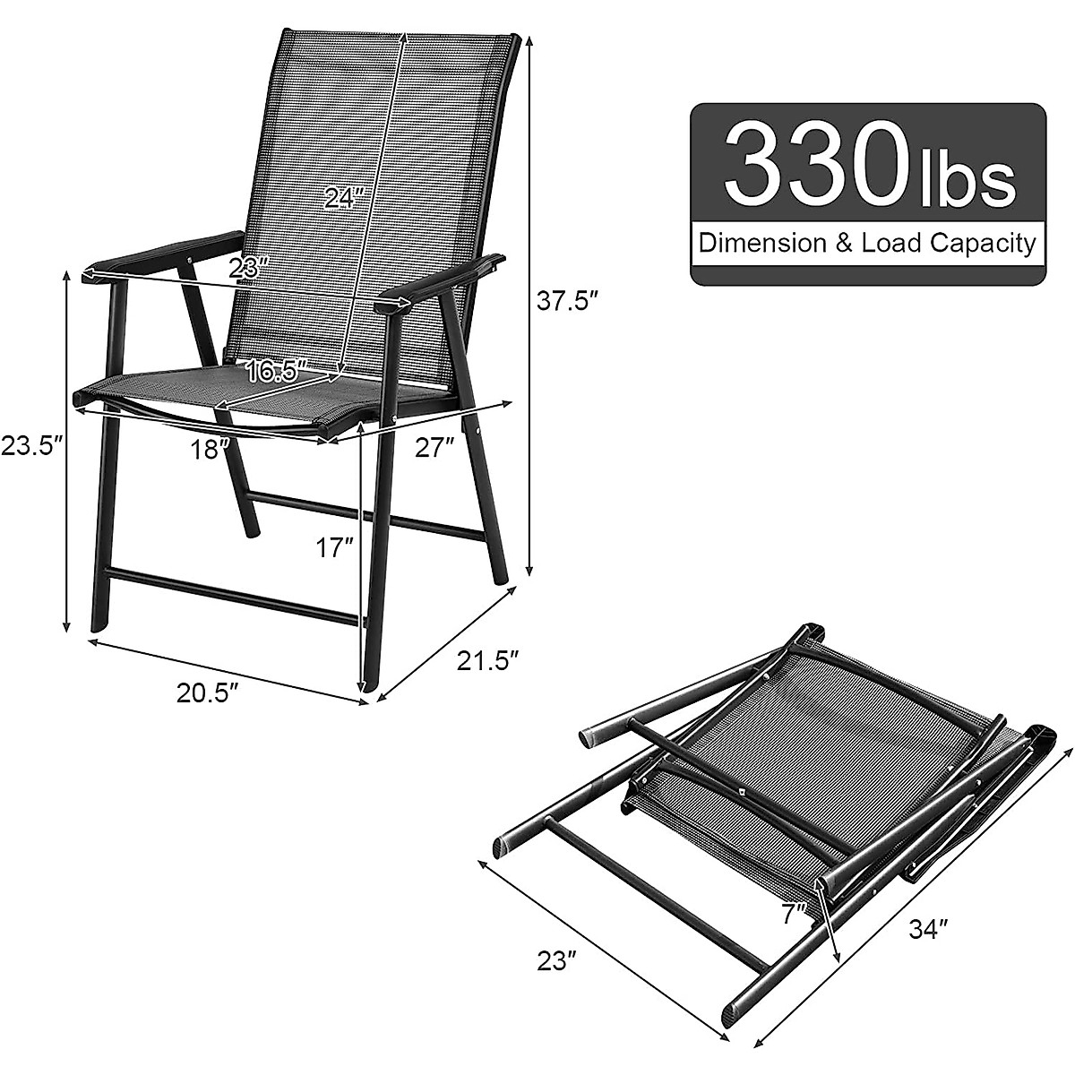 Tangkula Set of 4 Patio Folding Chairs, Fabric Dining Chairs with High Back & Armrests, Portable Camping Lounge Chairs with Sturdy Metal Frame, Outdoor Sling Chairs for Patio Lawn Garden (Grey)