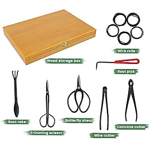 Bonsai Tools Set with Wood Box 12PCS Heavy Duty Bonsai Tree Kit, Trimming Scissor Shears, Concave Cutter, Wire Rolls, Wire Cutter and More, Gardening Bonsai Pruning & Care Kit