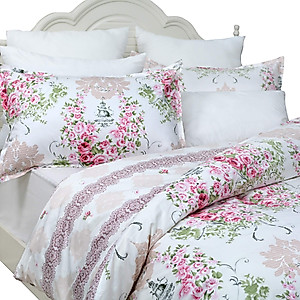 FADFAY 7Pcs Shabby Rose Floral Duvet Cover Sheets Set Queen Size, 1 Duvet Cover+1 Flat Sheet+1 Fitted Sheet+ 4 Standard Size Shams